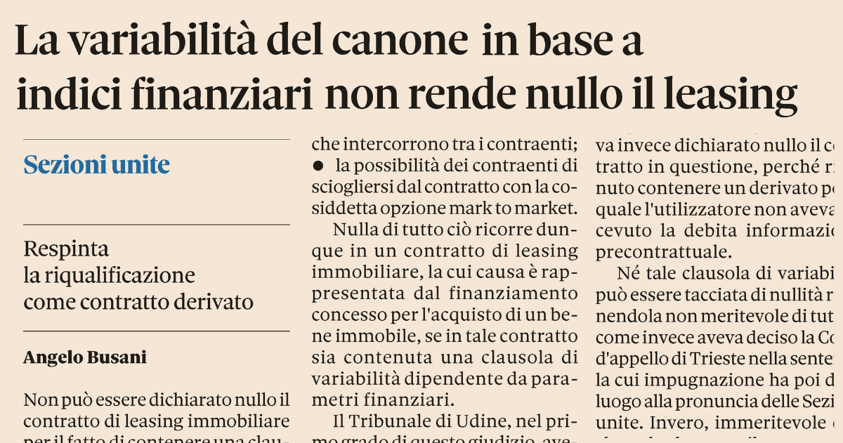LEASING - Non è nullo se il canone dipende da un indice finanziario
