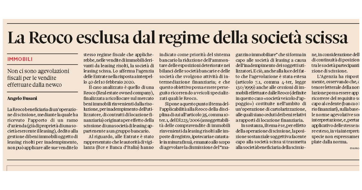 REOCO - La scissione non trascina i benefici della società scissa