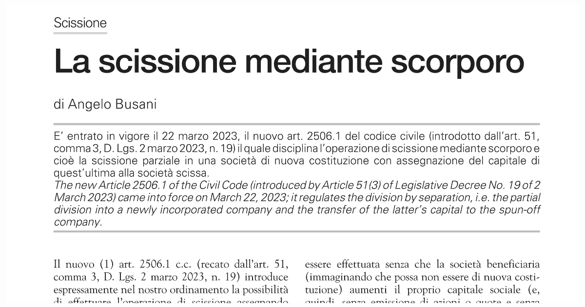 SCISSIONE CON SCORPORO - Alla scissa le quote della beneficiaria