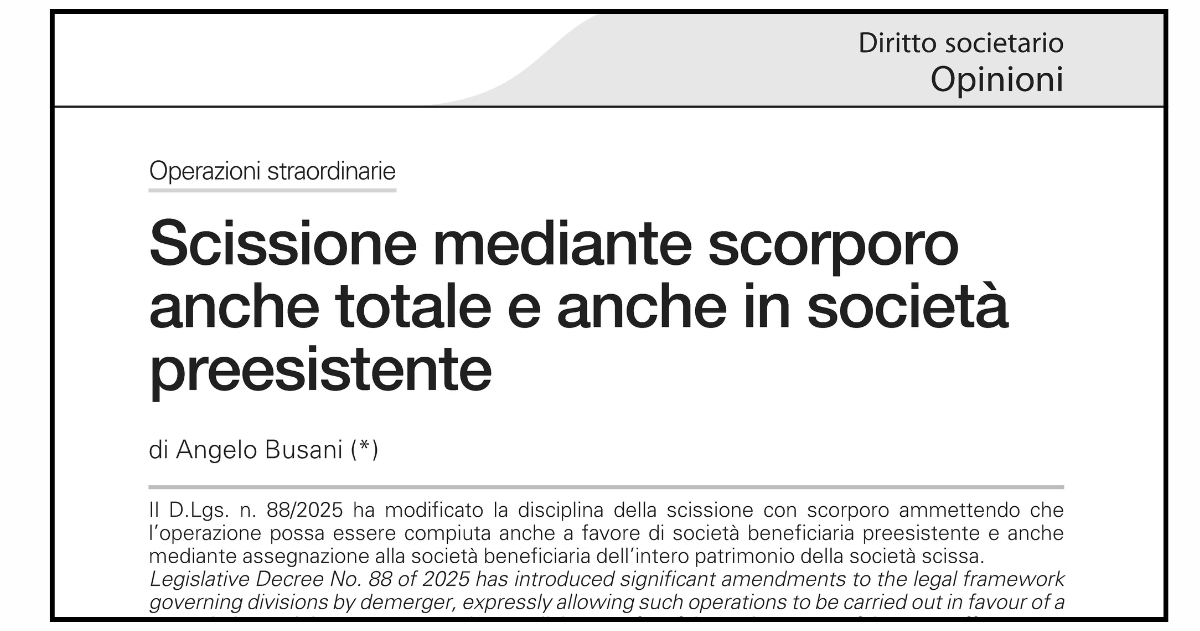 SOCIETA' - Nuove norme per la scissione con scorporo