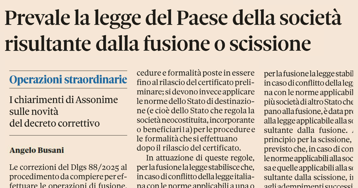 FUSIONE TRANSFRONTALIERA - La legge applicabile