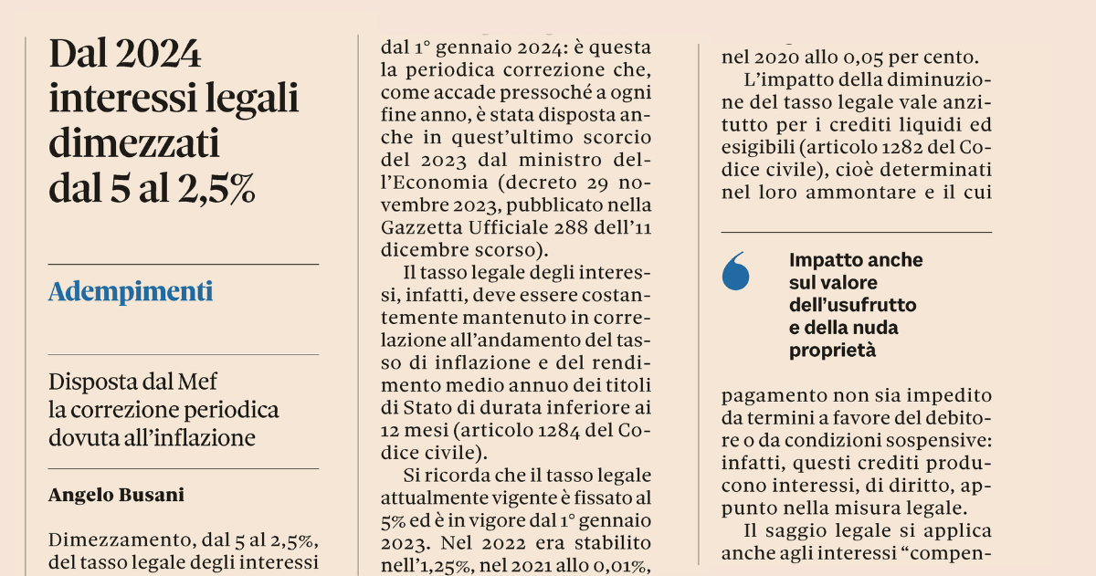 INTERESSI LEGALI 2024 - Dimezzati dal 5% al 2,5%