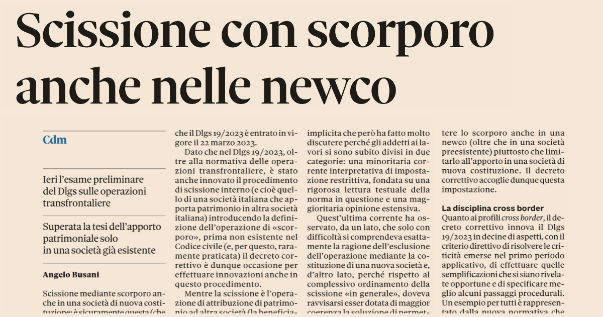 SCISSIONE CON SCORPORO - Anche con costituzione di una NewCo