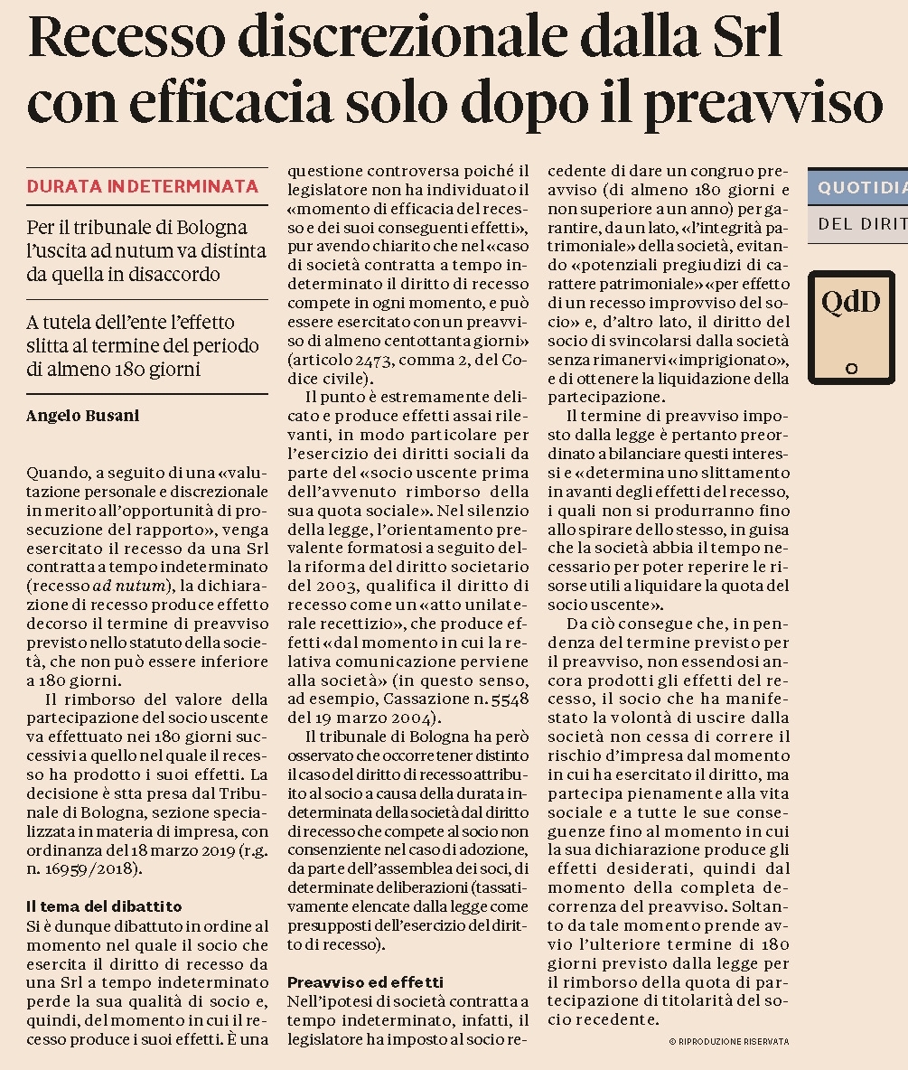 SOCIETA' - Termine di efficacia del recesso da società contratta a ...