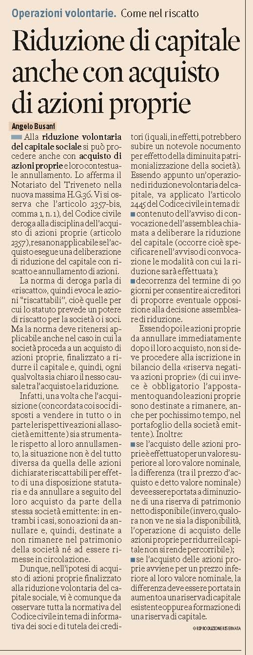 SOCIETA' - Riduzione del capitale con annullamento o acquisto di azioni ...