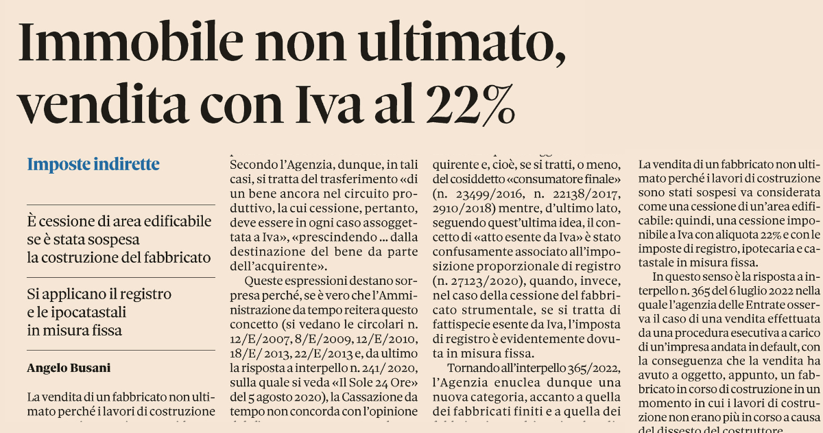 COMPRAVENDITA - Iva 22% se l'edificio è in costruzione